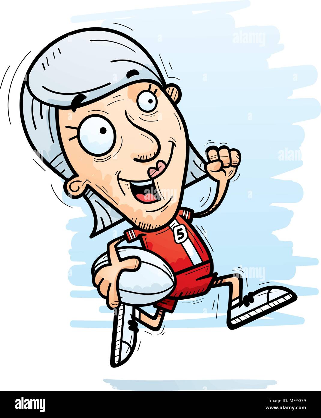 A cartoon illustration of a senior citzen woman rugby player running ...