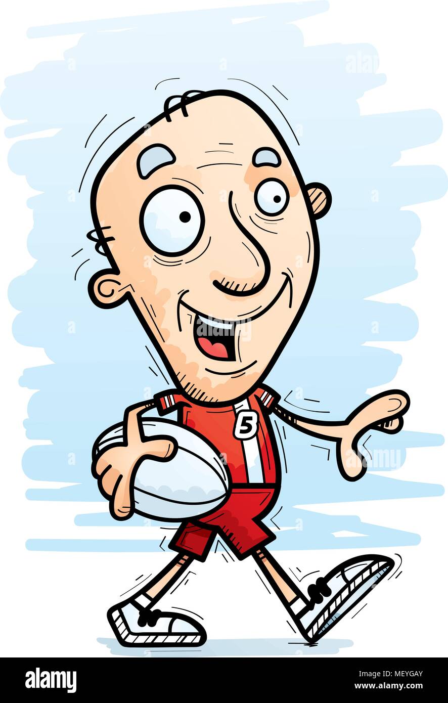 A cartoon illustration of a senior citzen man rugby player walking ...