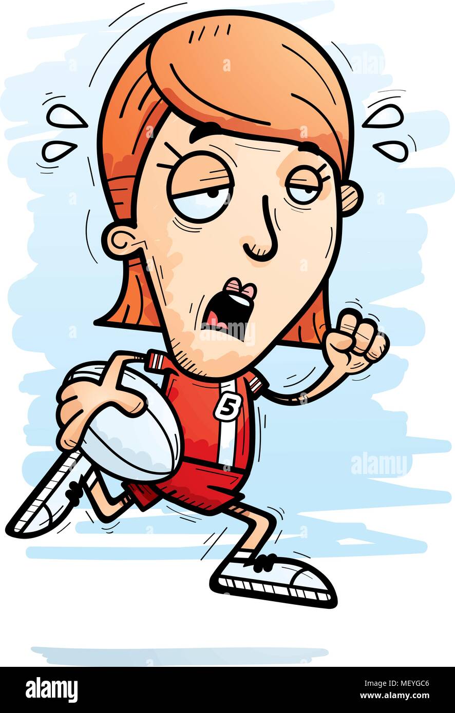 A cartoon illustration of a woman rugby player running and looking ...
