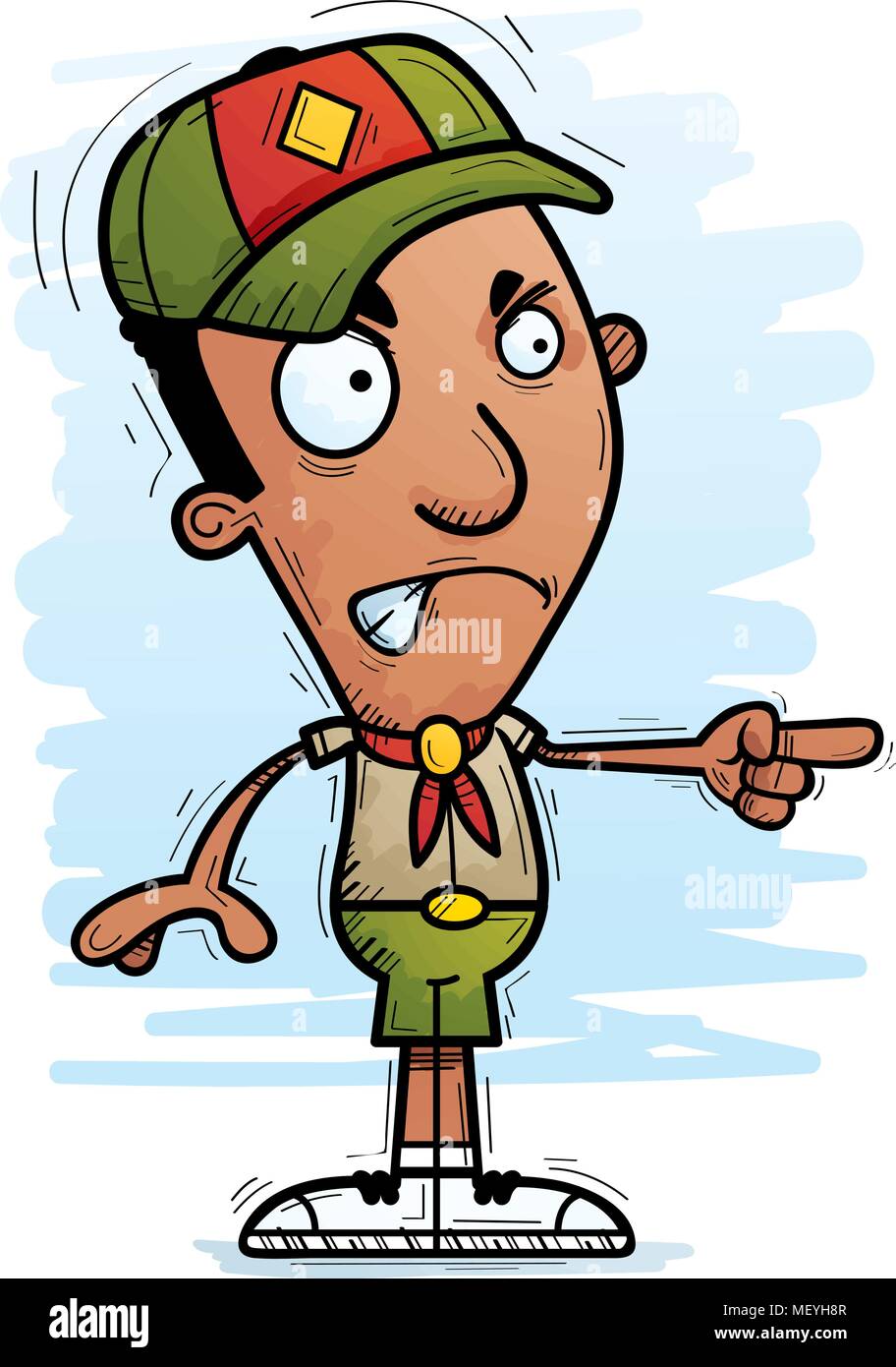 A cartoon illustration of a black man scout looking angry and pointing ...