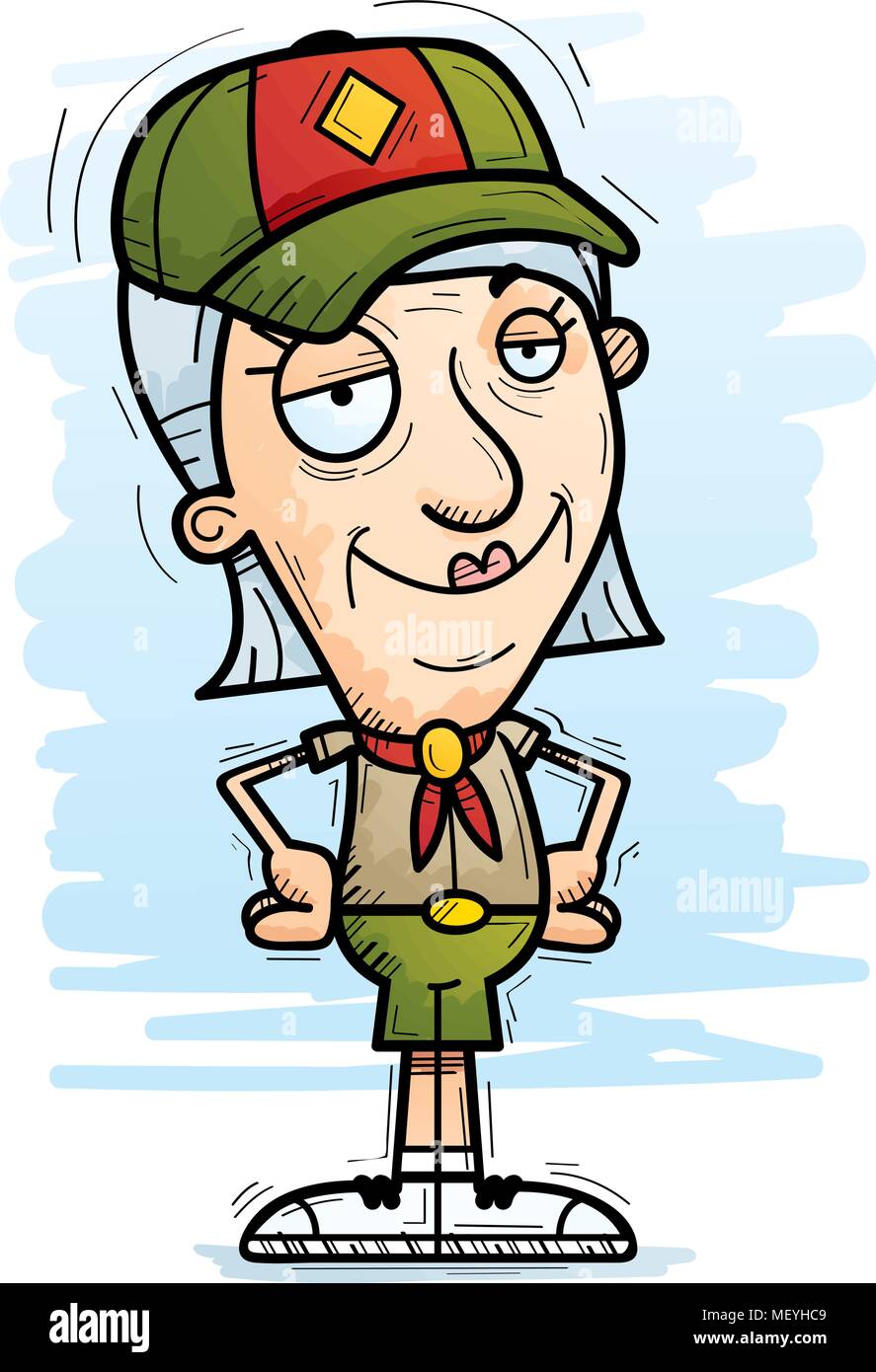 A cartoon illustration of a senior citizen woman scout looking ...