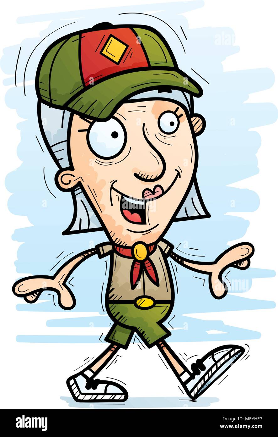 A cartoon illustration of a senior citizen woman scout walking Stock ...