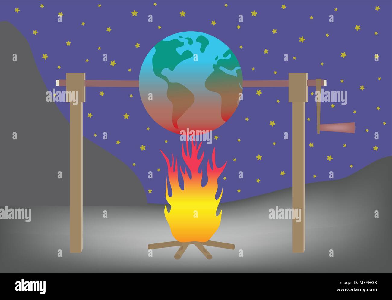 Illustration of planet earth roasting over fire. Global warming concept ...