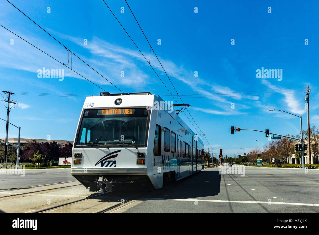 A Valley Transportation Authority (VTA) train in the Silicon Valley of ...