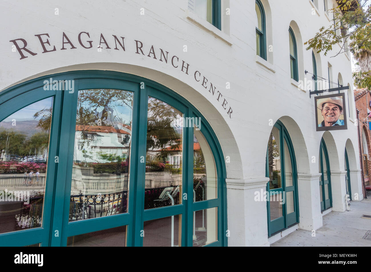 Exterior of the Ronald Reagan Ranch Center with a photograph of Ronald ...