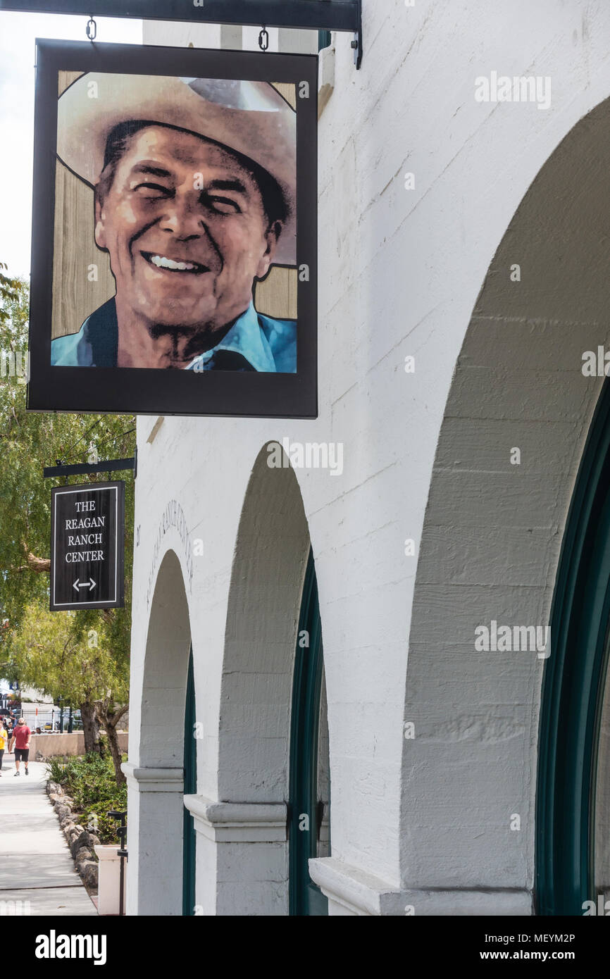 Exterior of the Ronald Reagan Ranch Center with a photograph of Ronald ...