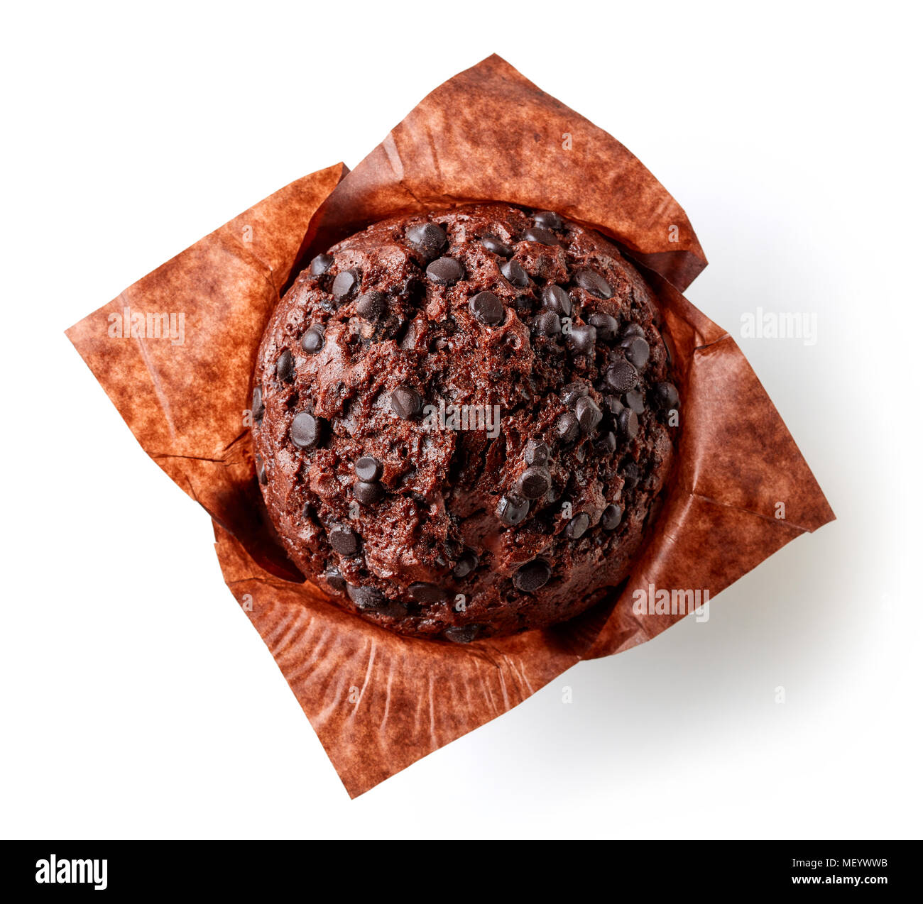 Chocolate muffin in brown paper isolated on white background, top view ...