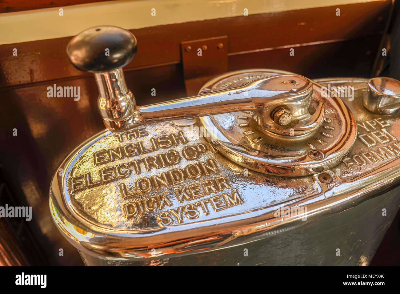 Chrome English Electric Co tram hand speed control Stock Photo - Alamy