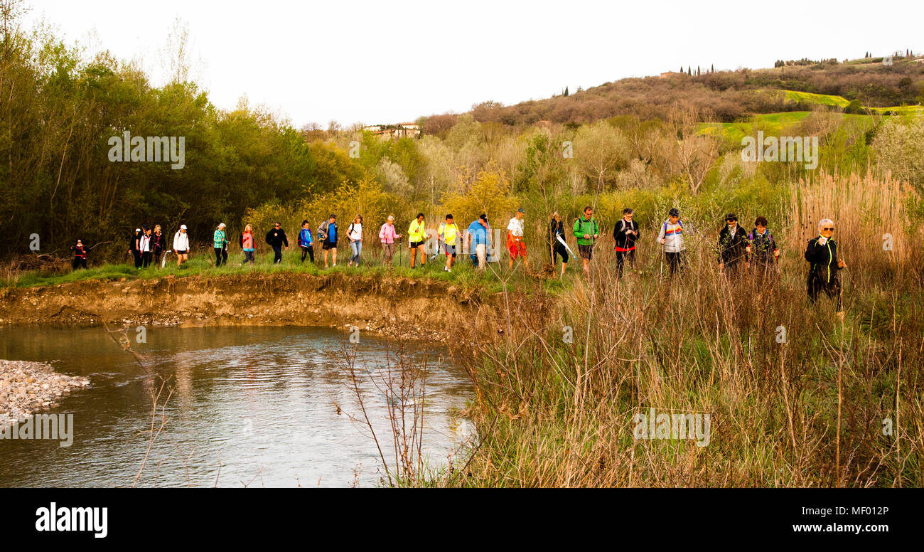 Hiking marathon through Tuscany. Tuscan landscape in spring, green ...