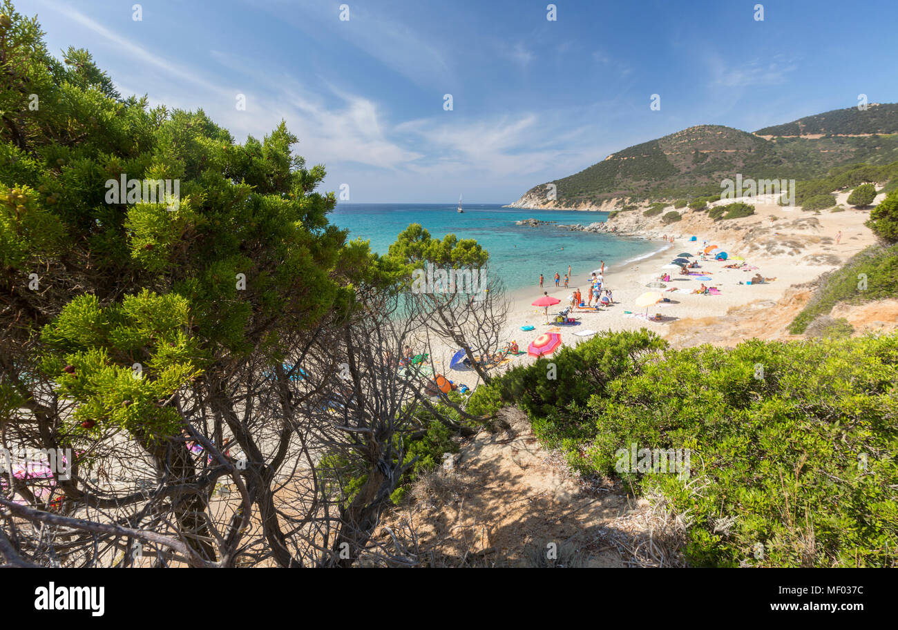The mediterranean vegetation frames the beach and the turquoise sea of ...