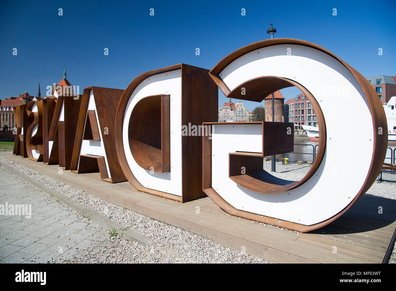 Gdansk sign on Olowianka island and Dlugie Pobrzeze (Motlawa River ...