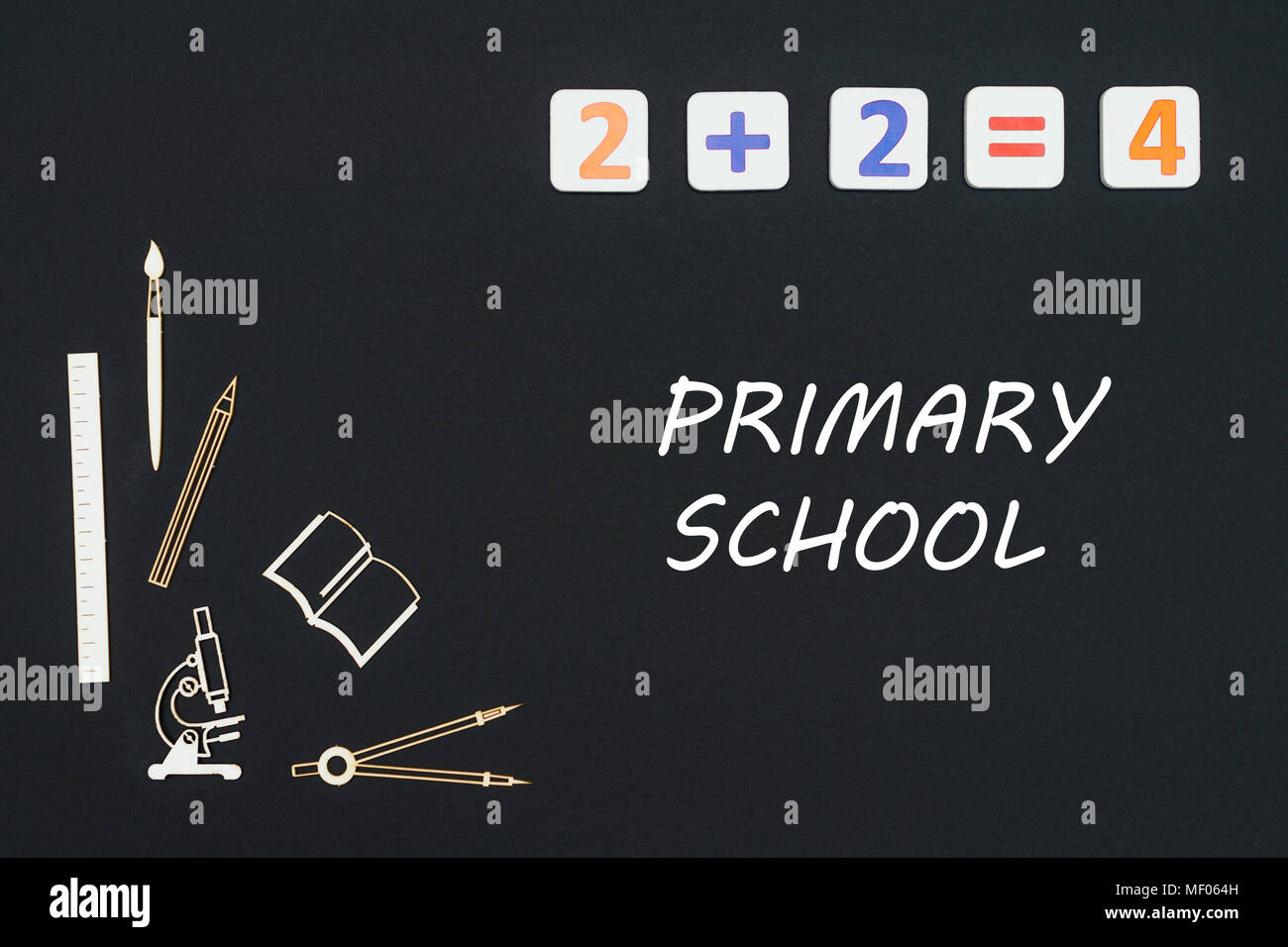 Concept first class school, text primary school with wooden miniatures ...