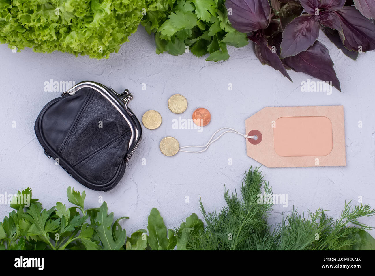 Organic food, money and blank label Stock Photo - Alamy