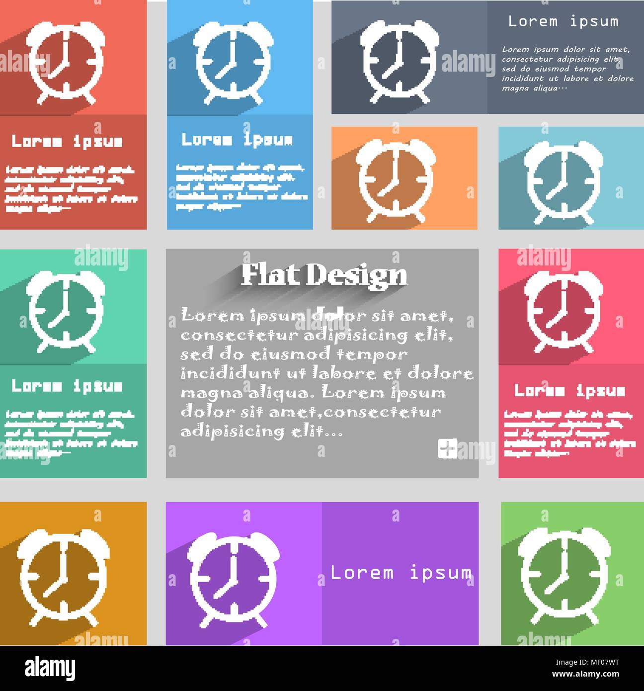 Alarm clock sign icon. Wake up alarm symbol. Set of colourful buttons ...