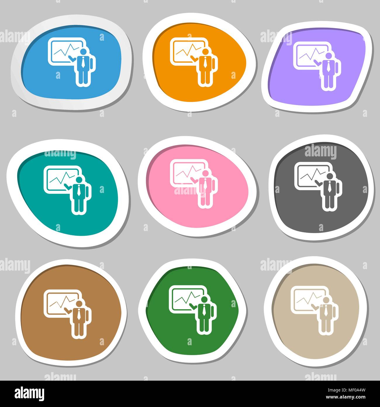 businessman making report icon symbols. Multicolored paper stickers ...