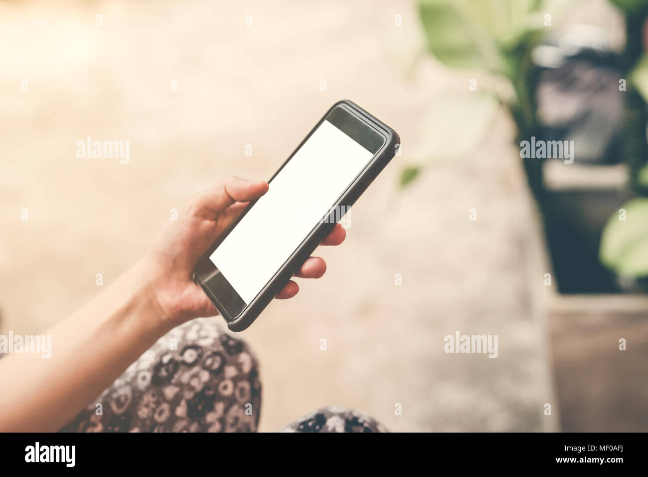 Close up hand woman holding and using phone in garden Stock Photo - Alamy
