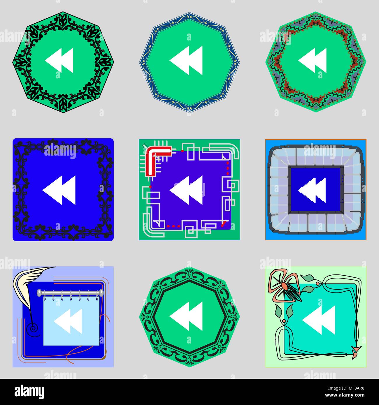 multimedia sign icon. Player navigation symbol. Set colour buttons ...