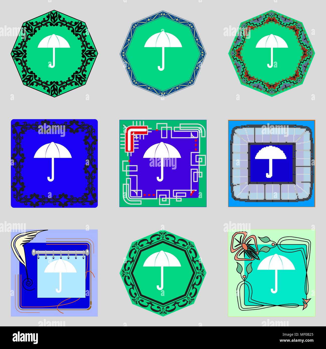 Umbrella sign icon. Rain protection symbol. Set colourful buttons ...