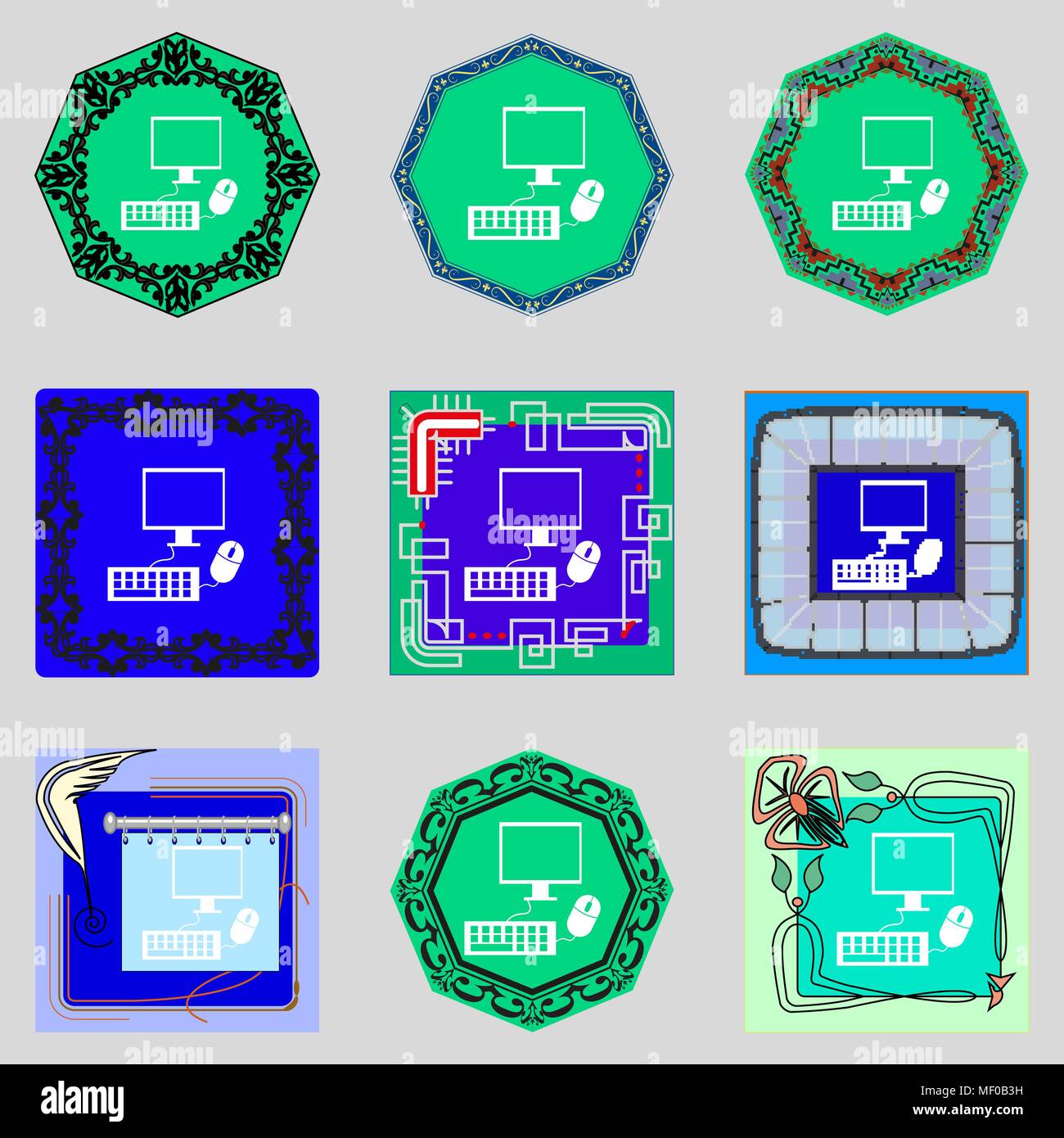 Computer Widescreen Monitor Keyboard Mouse Sign Icon Set Colourful Buttons Vector