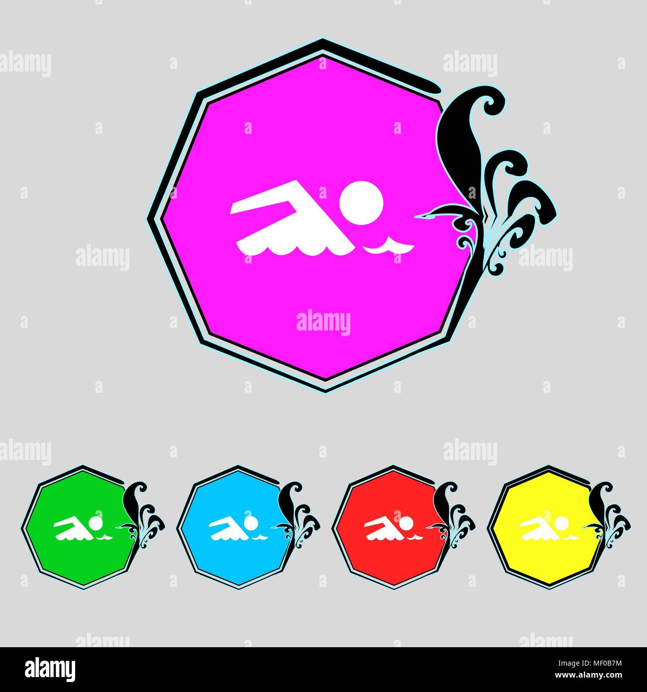 Swimming sign icon. Pool swim symbol. Sea wave. Set colourful buttons ...
