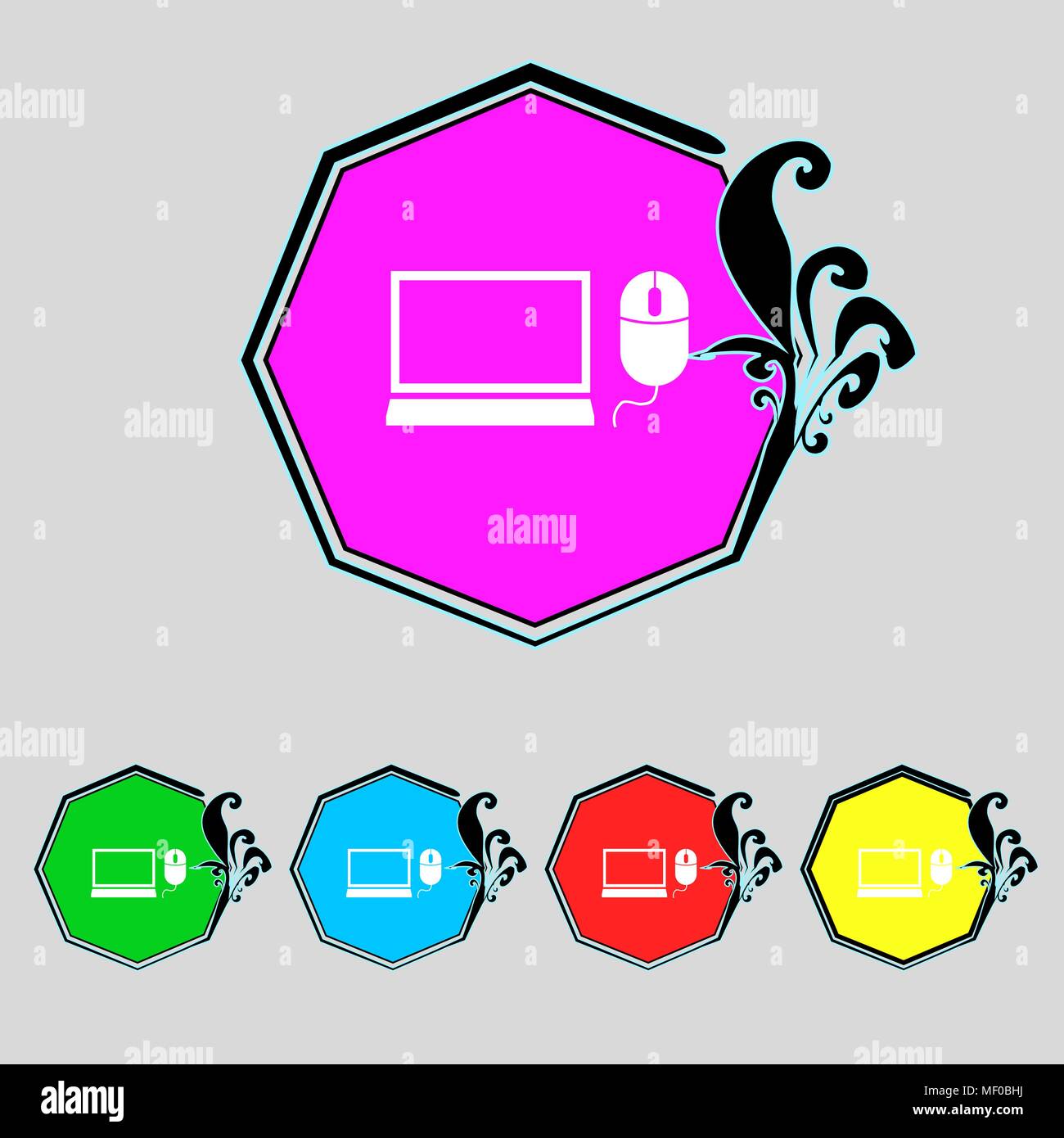 Computer widescreen monitor, mouse sign icon. Set colourful buttons ...