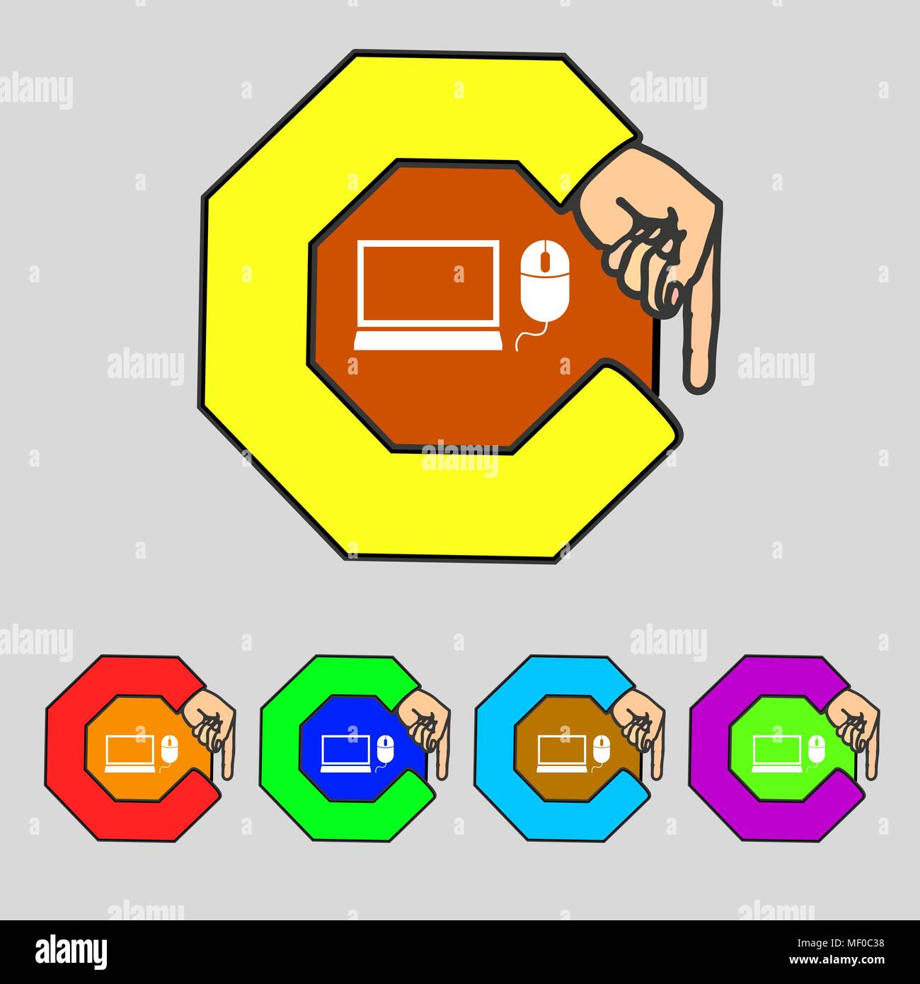 Computer widescreen monitor, mouse sign icon. Set colourful buttons ...