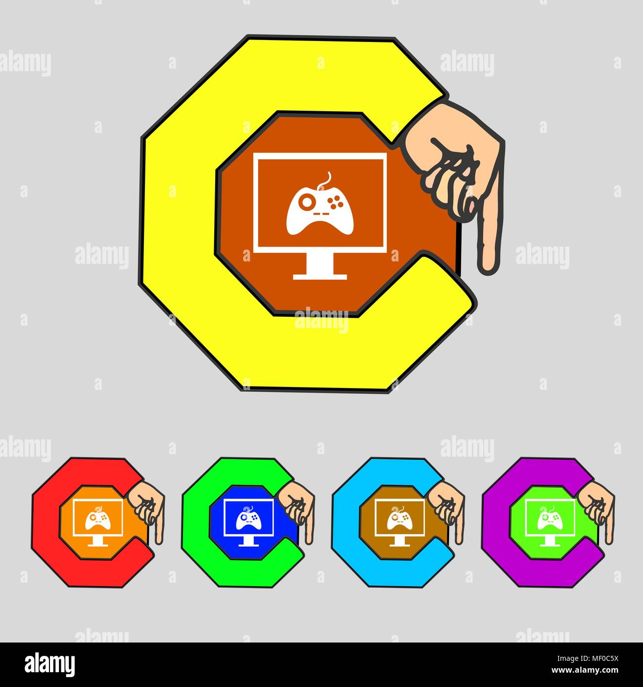 Joystick and monitor sign icon. Video game symbol. Set colourful ...