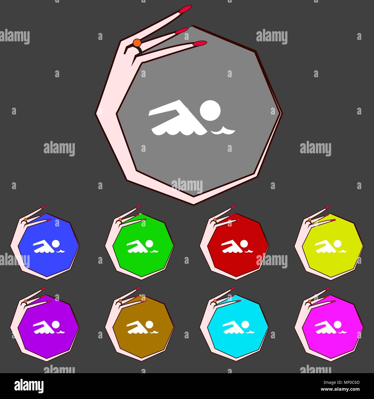 Swimming sign icon. Pool swim symbol. Sea wave. Set colourful buttons ...