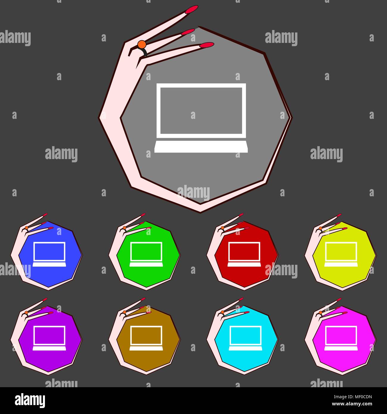 Laptop sign icon. Notebook pc symbol. Set colur buttons. Vector ...