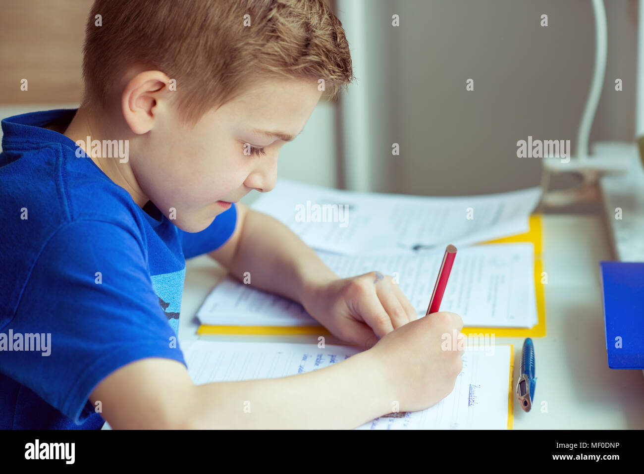 Intelligent boy makes homework at desk in his room Stock Photo - Alamy