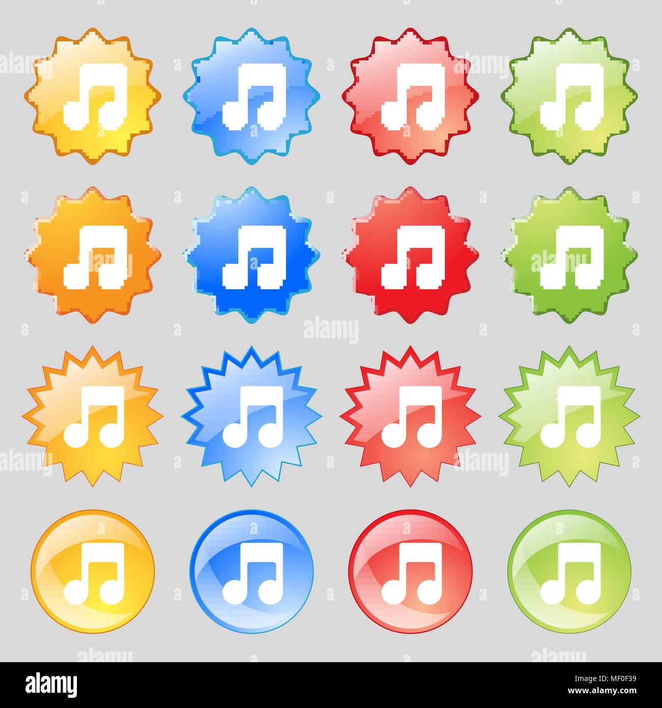 Music note icon sign. Set from sixteen multi-colored glass buttons with ...