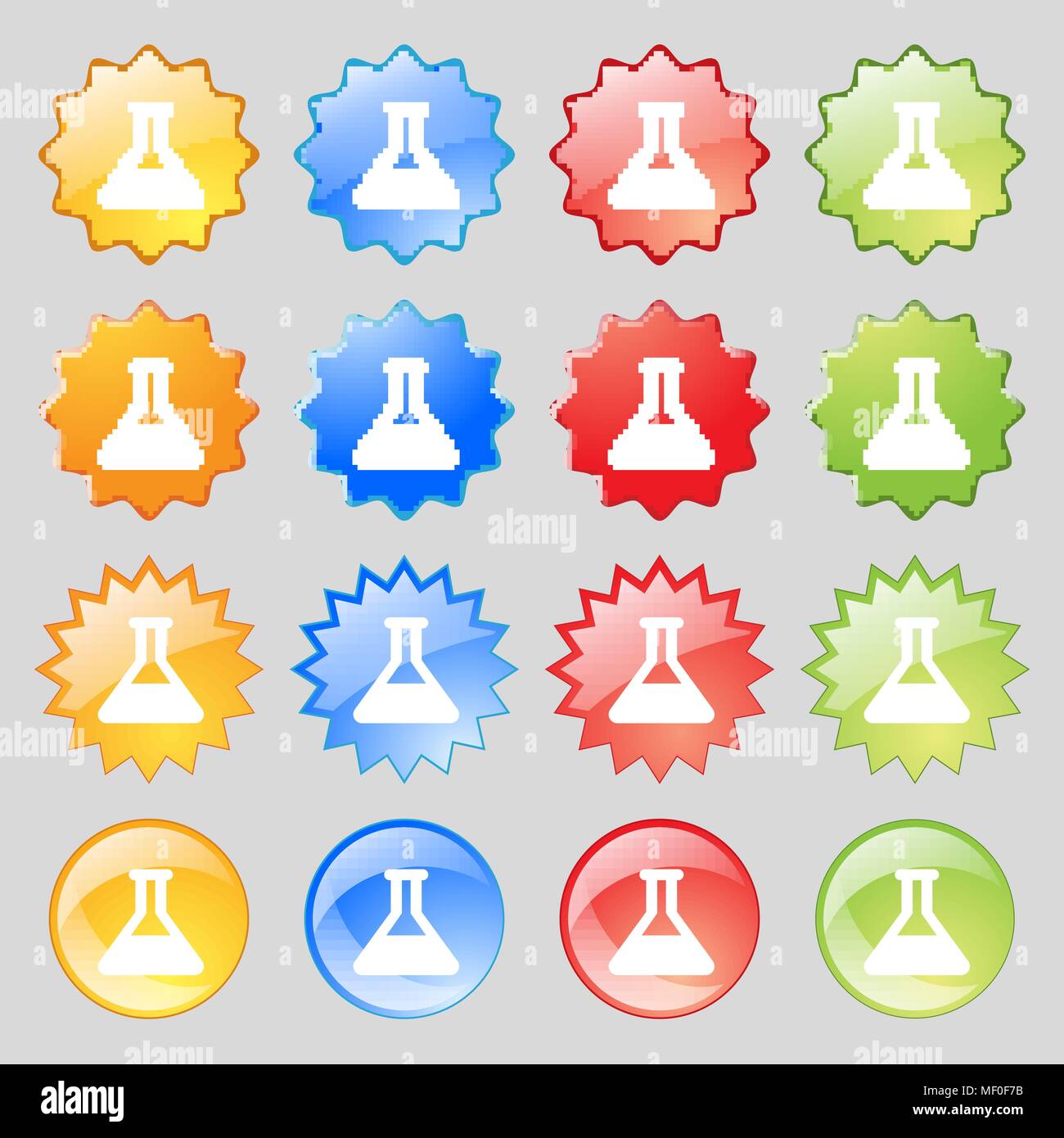 Conical Flask icon sign. Set from sixteen multi-colored glass buttons ...
