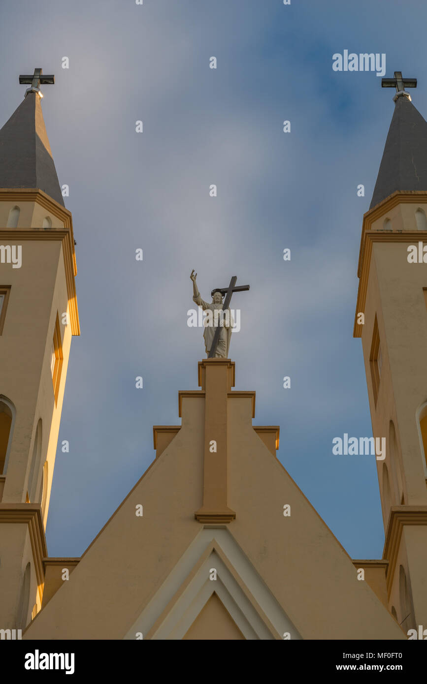 Village chruch of Boa Vista do Sul with a statue of Jesus Christ, state ...