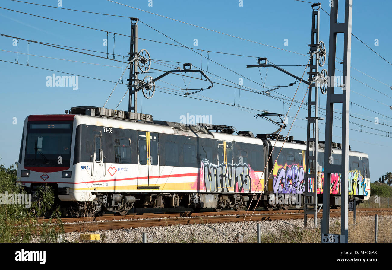 Palma, Majorca, Spain. 2018. Metro passenger train with two carriages ...