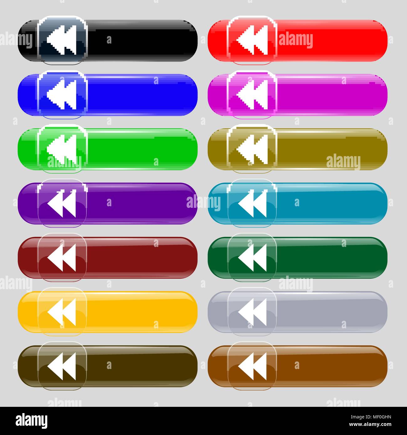 rewind icon sign. Set from fourteen multi-colored glass buttons with ...