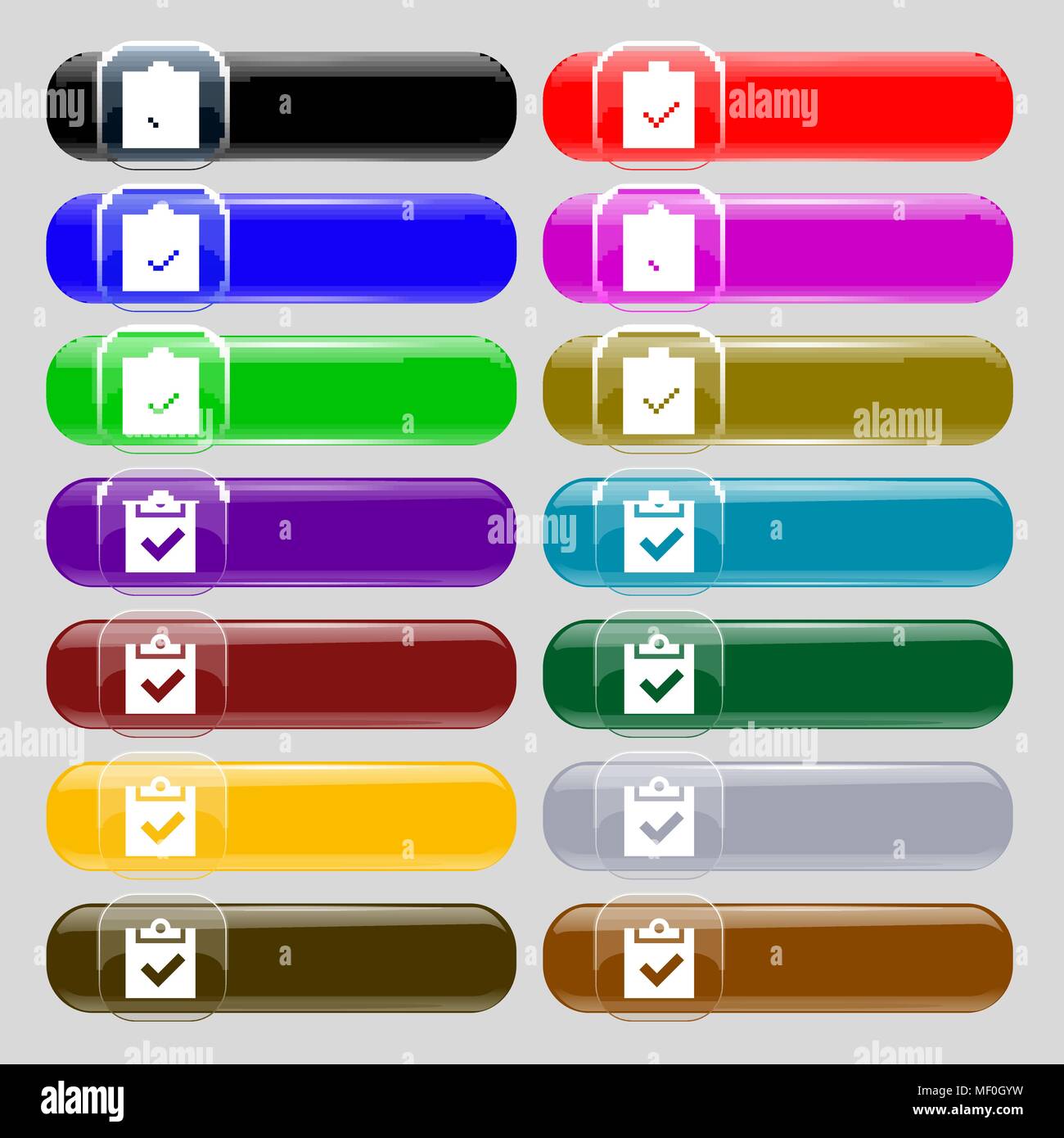 Check mark, tik icon sign. Set from fourteen multi-colored glass buttons with place for text ...