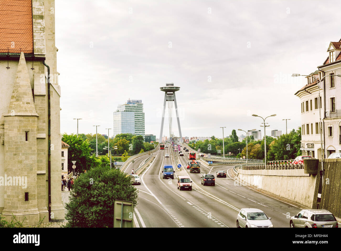 BRATISLAVA, SLOVAKIA: OCTOBER 03, 2016: Traffic and most of the SNP ...