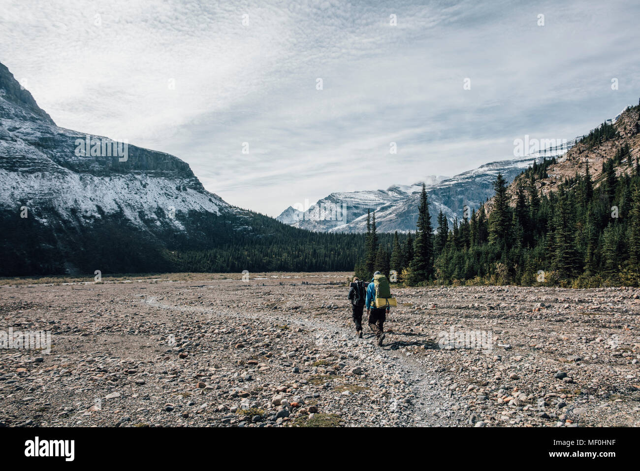 Canada, British Columbia, Mount Robson Provincial Park, two men hiking ...
