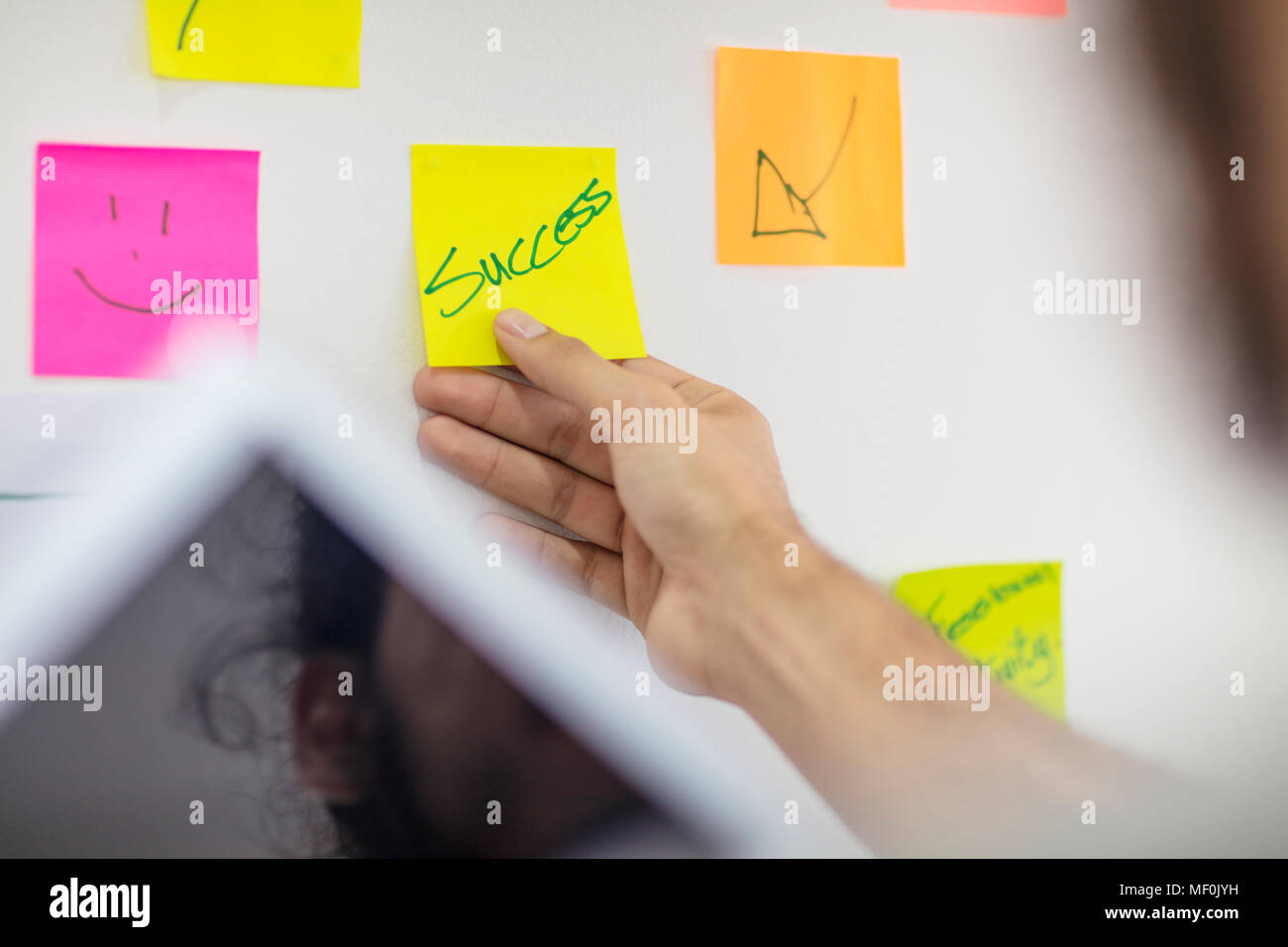 Hand putting a sticky note on board Stock Photo - Alamy