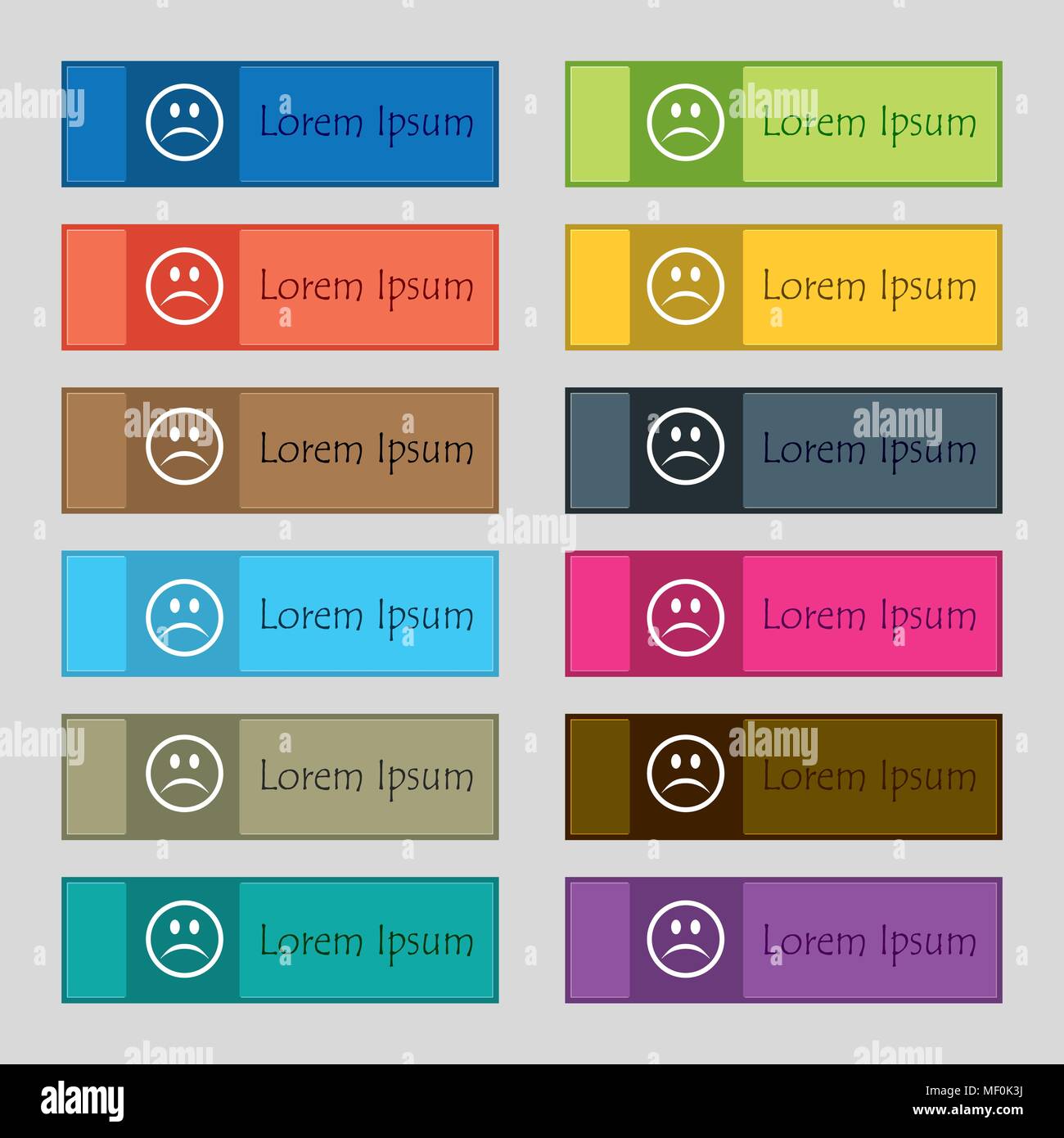 Sad face, Sadness depression icon sign. Set of twelve rectangular ...