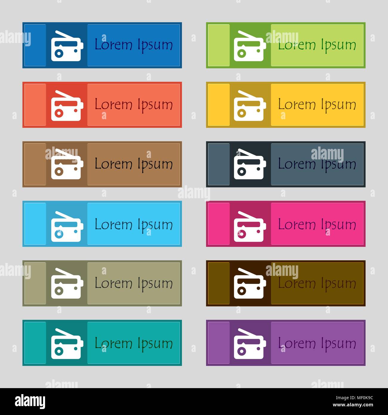 Retro Radio icon sign. Set of twelve rectangular, colorful, beautiful ...