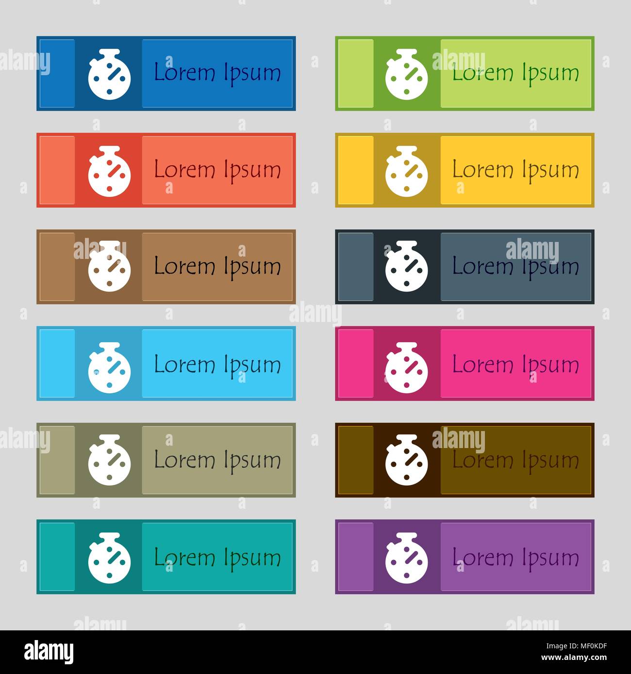 Timer, stopwatch icon sign. Set of twelve rectangular, colorful ...