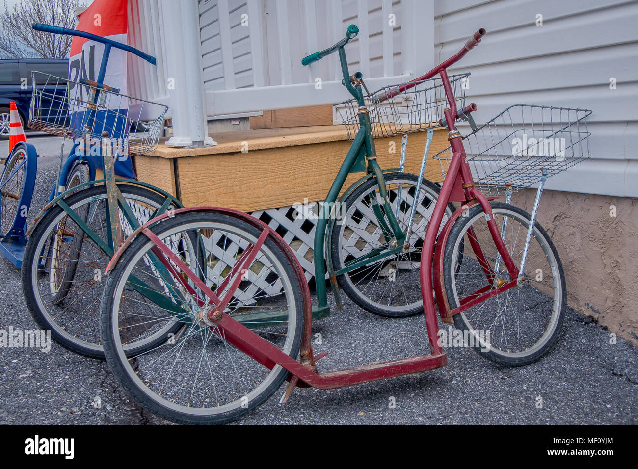Pennsylvania, USA, APRIL, 18, 2018: Outdoor view of amish roller bikes ...