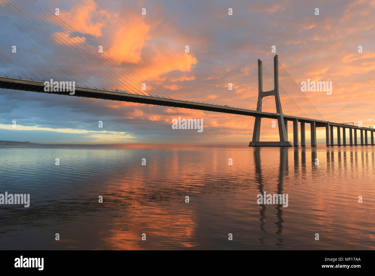 Vasco da Gama Bridge landscape at sunrise. One of the longest bridges ...