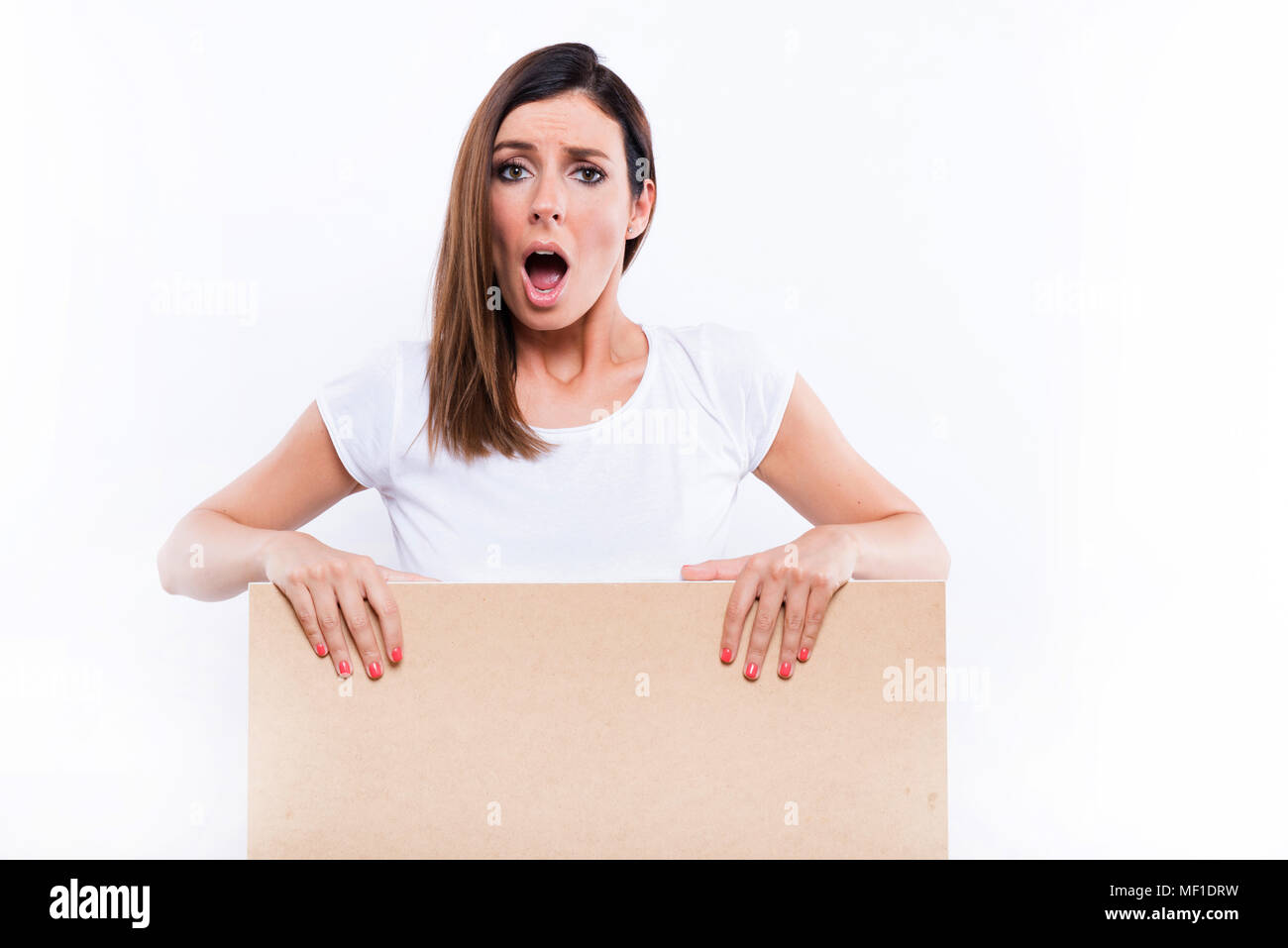 A beautiful young woman standing with a wooden box signboard and ...
