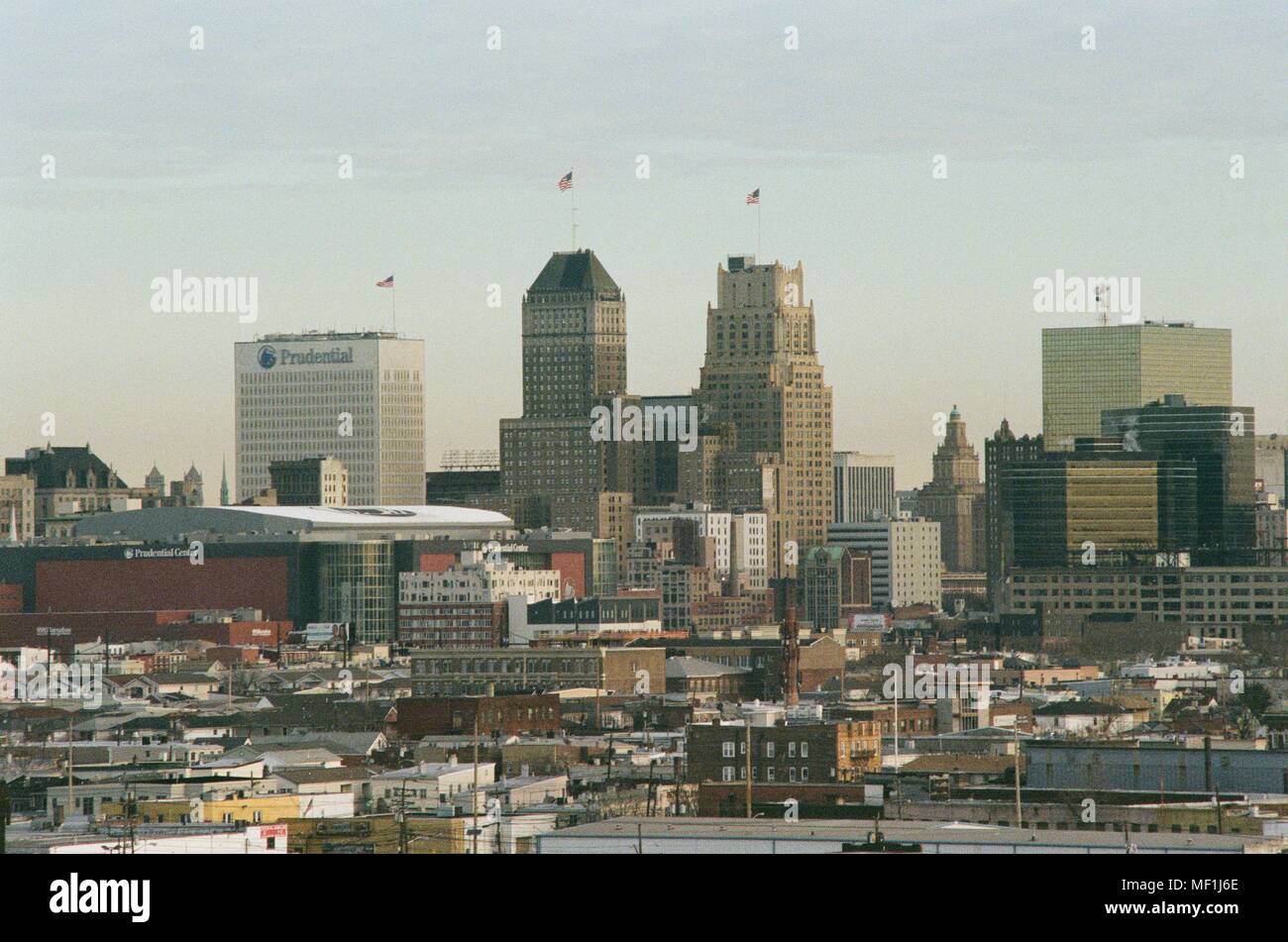Detail view of the urban skyline of Newark, New Jersey with the ...