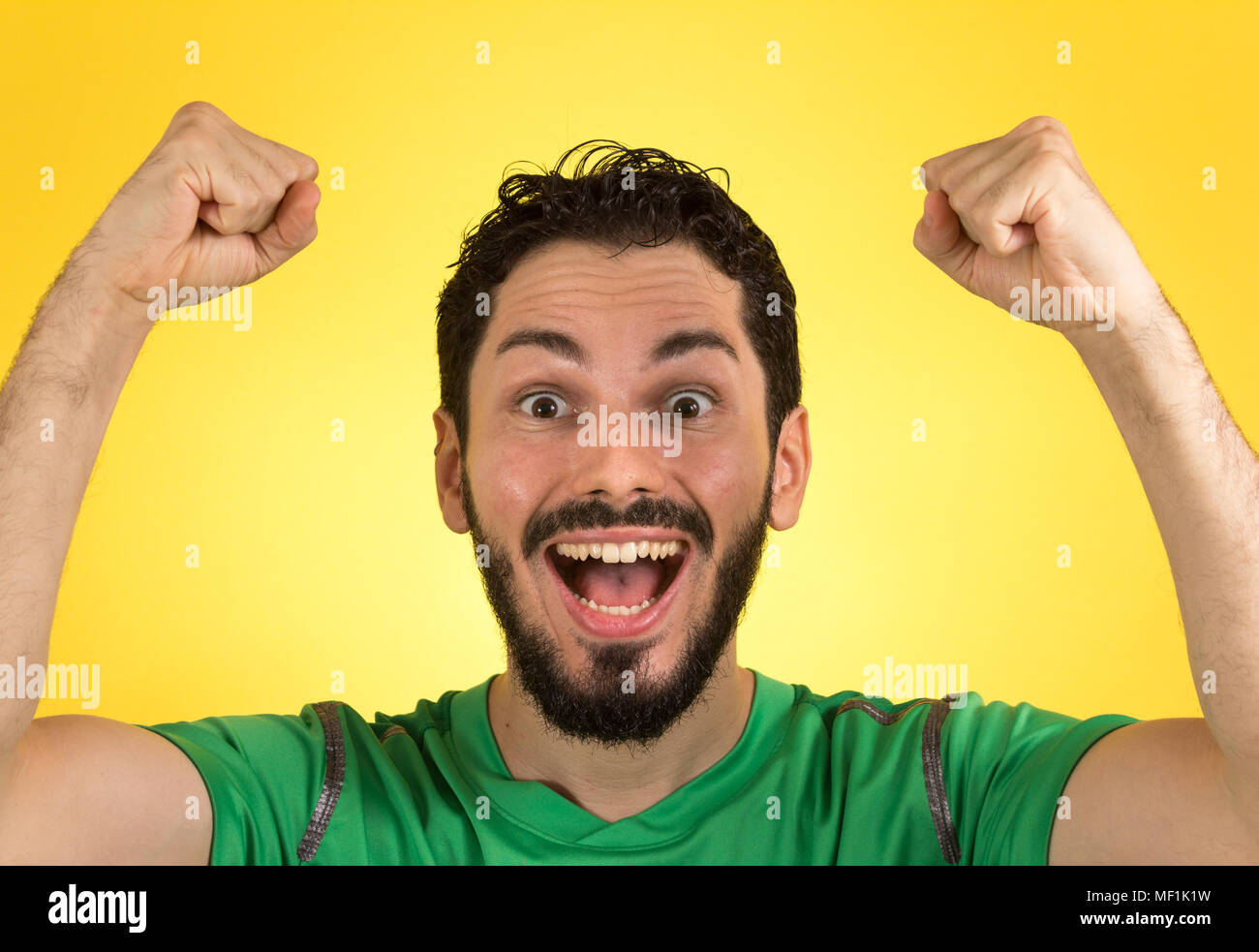 Brazilian soccer football athlete. One supporter and fan celebrating on ...