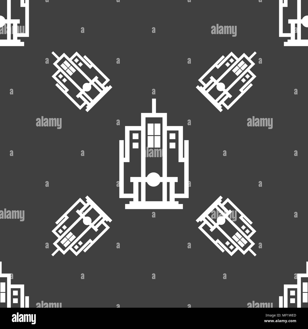 skyscraper icon sign. Seamless pattern on a gray background. Vector ...