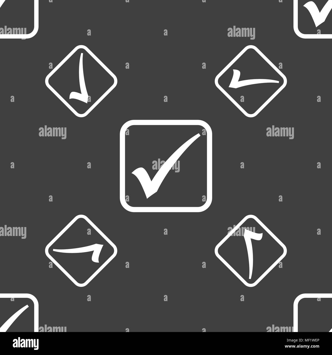 A check mark icon sign. Seamless pattern on a gray background. Vector ...