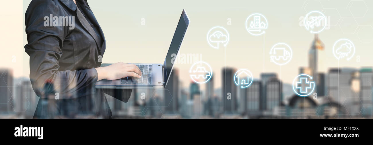 Businesswoman use latop computer using augmented reality ( AR ...